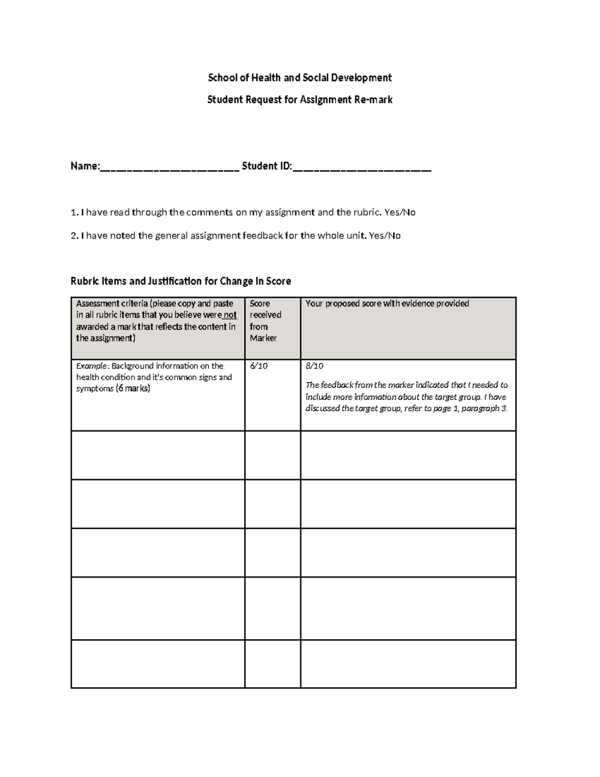 Assessment Remark Request form - School of Health and Social ...