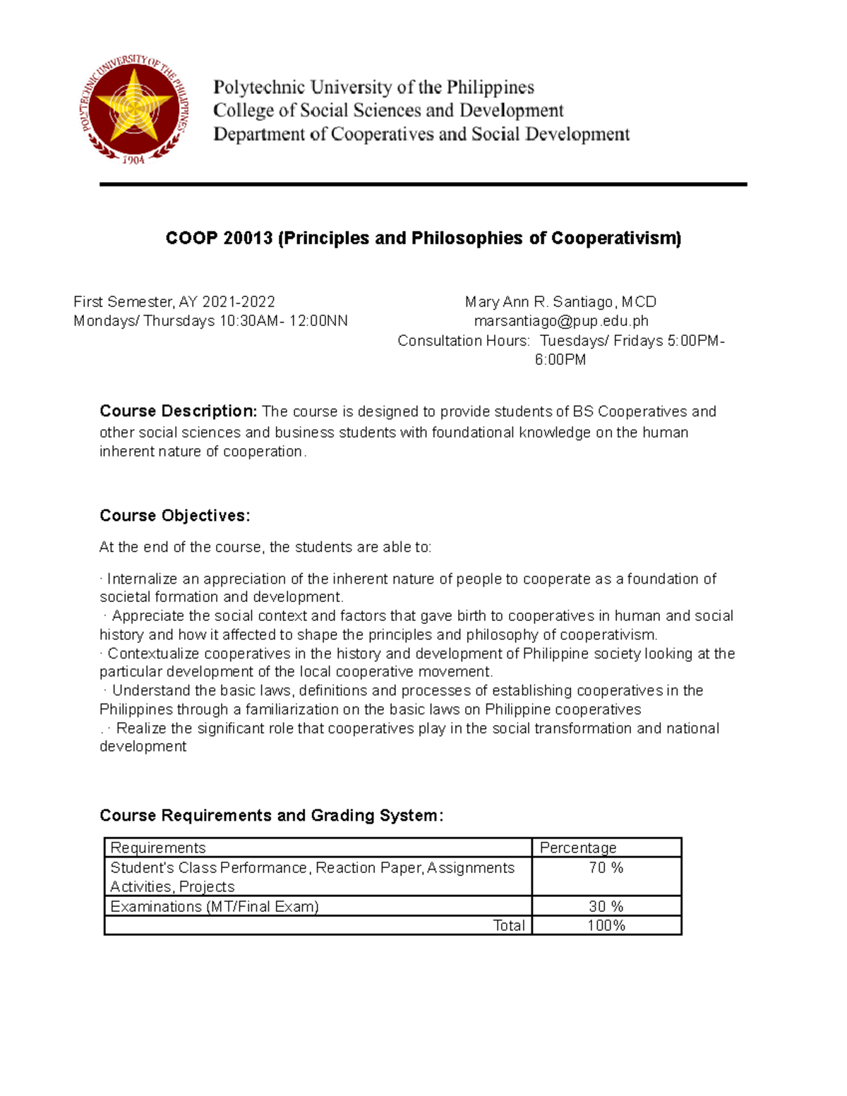COOP 2001 3 Syllabus Santiago Mary Ann - COOP 20013 (Principles and ...