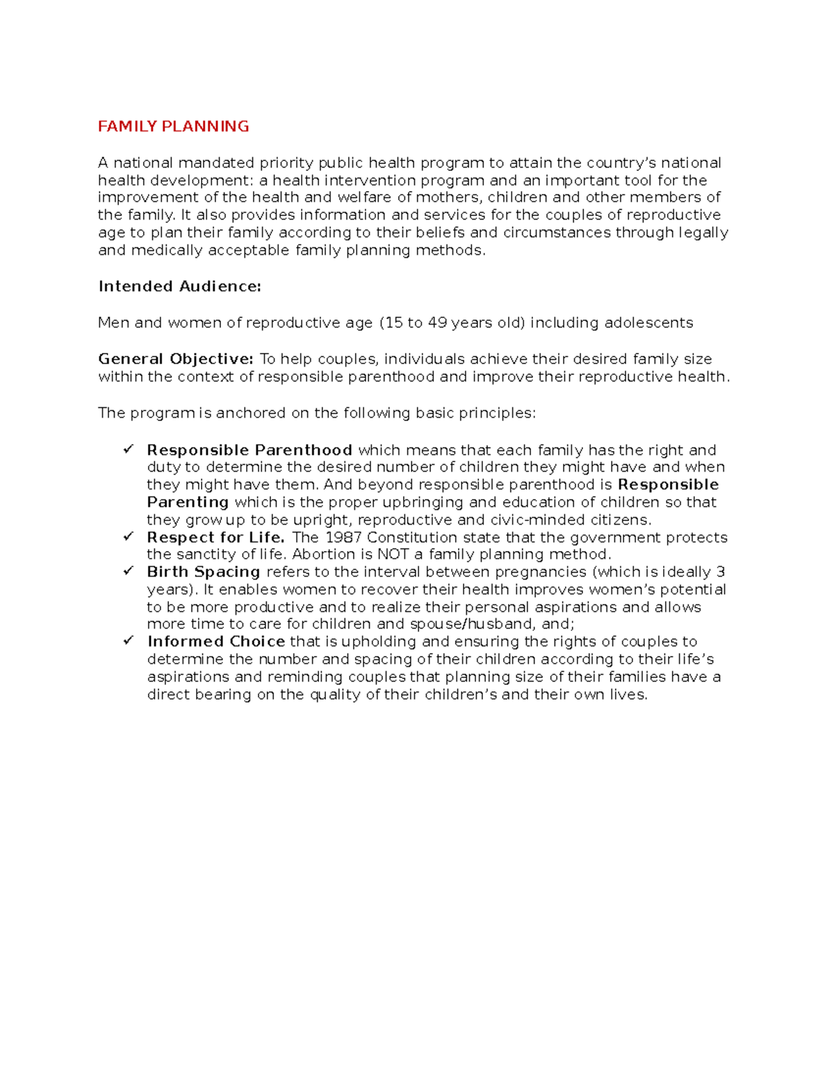 Family Planning - Lecture notes 1 - FAMILY PLANNING A national mandated ...