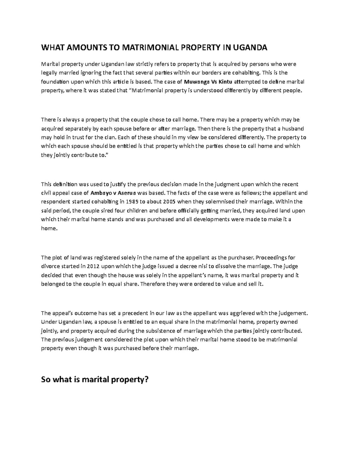 WHAT Amounts TO Matrimonial Property IN Uganda - WHAT AMOUNTS TO ...