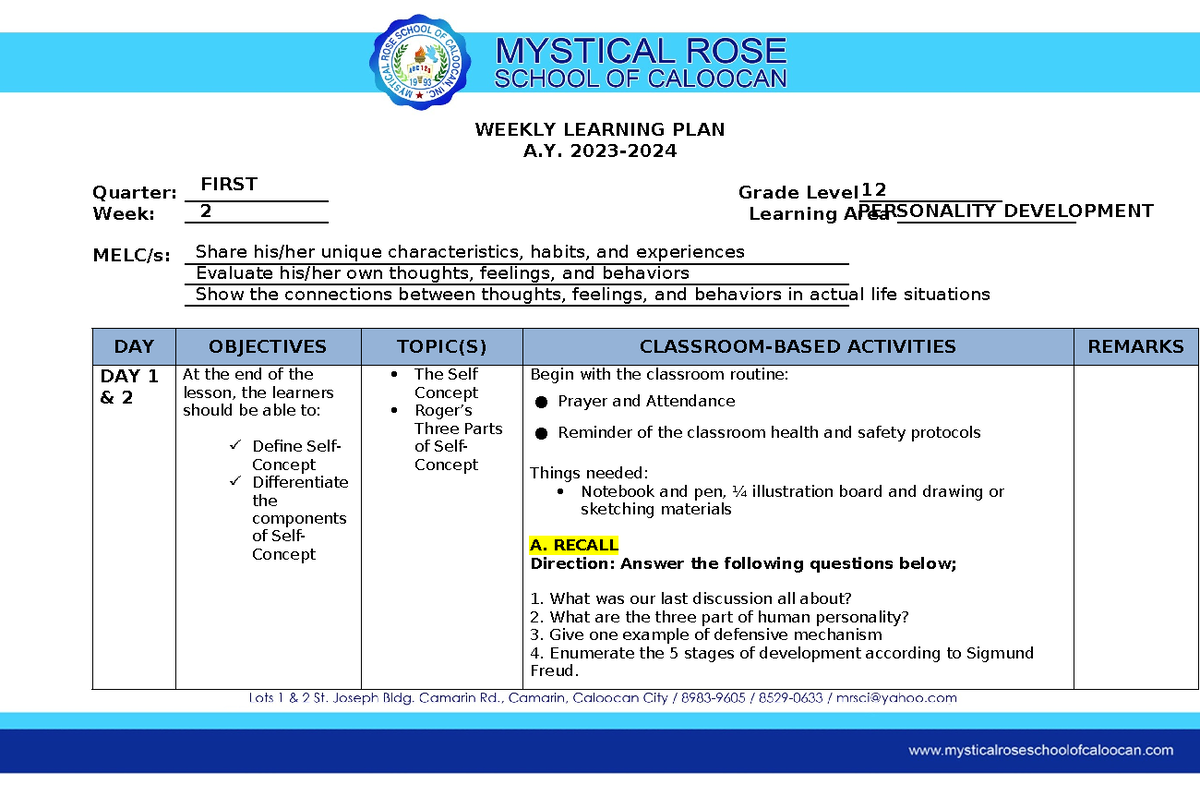 WLP Perdev L2 - WEEKLY LEARNING PLAN A. 2023- Quarter: ________________ Grade Level ...