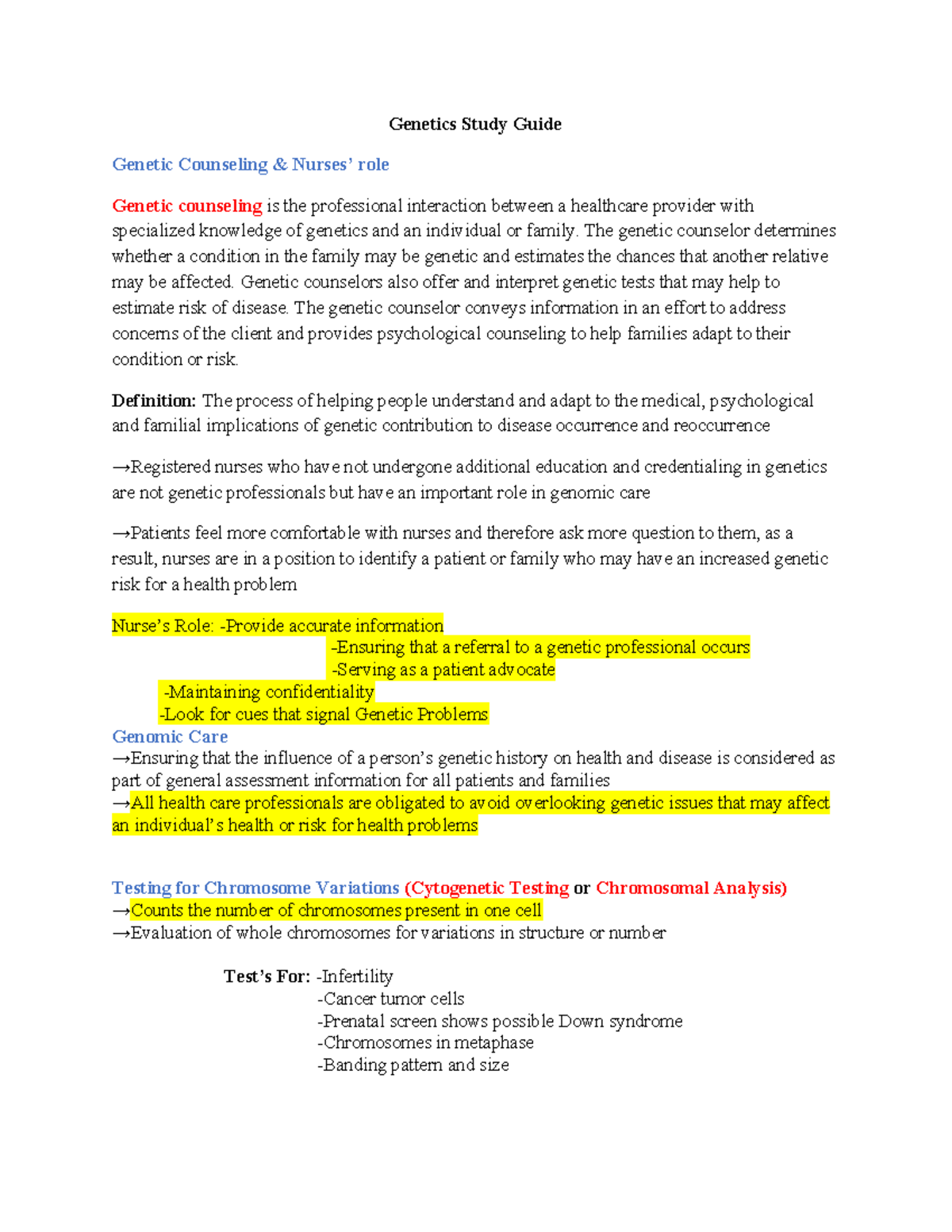 Genetics - Midterm - Genetics Study Guide Genetic Counseling & Nurses ...