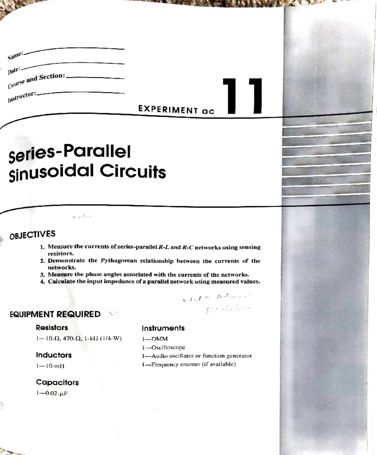 LAB11 - Lab manual - Name:_ Date: Courseand Section:- Instructor: series-Parallel sinusoidal ...