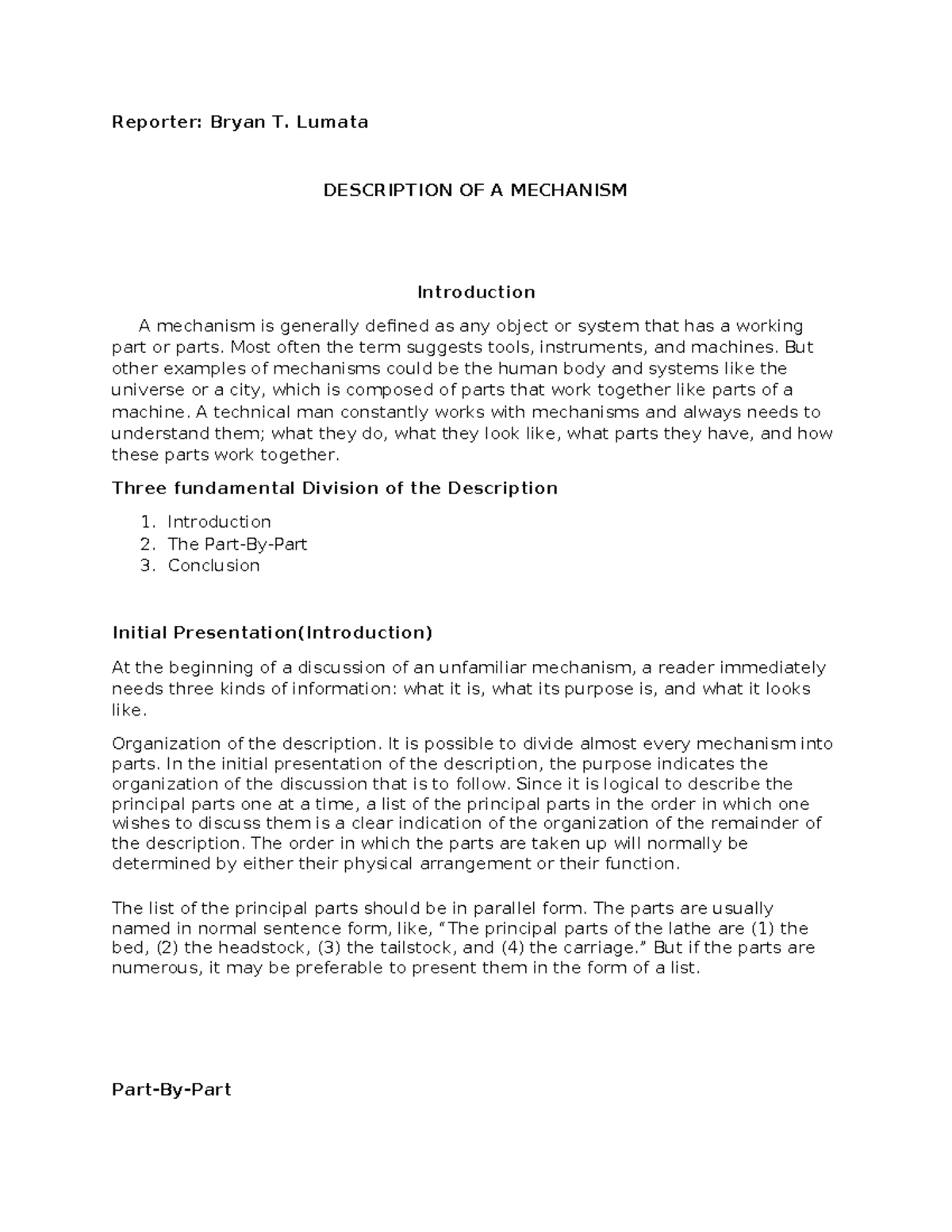 Description OF A Mechanism(Group 6Bry) - Reporter: Bryan T. Lumata ...