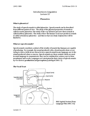 LING 1000 Lecture 15 Handout - LING 1000 – Do Not Post Fall/Winter 2018-19 Introduction to - Studocu