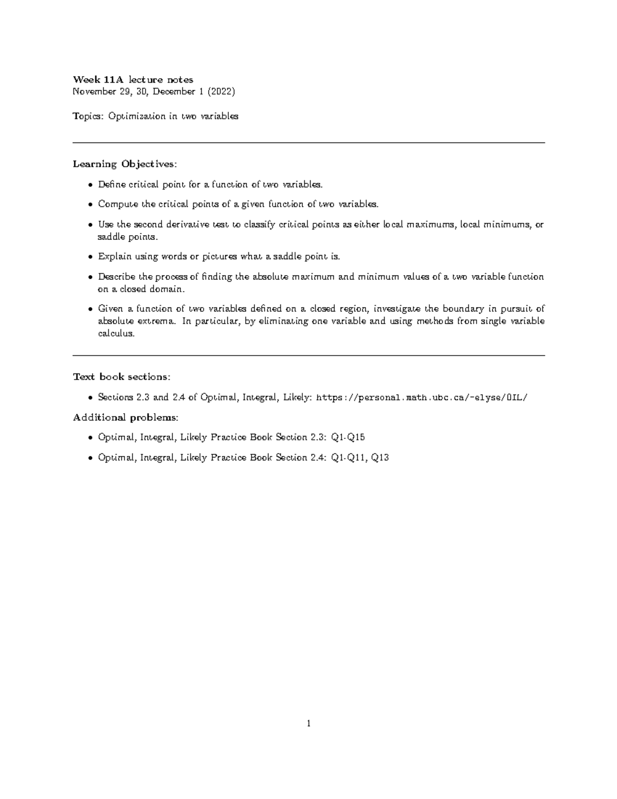 Week 11A Large Class Objectives - Week 11A lecture notes November 29 ...