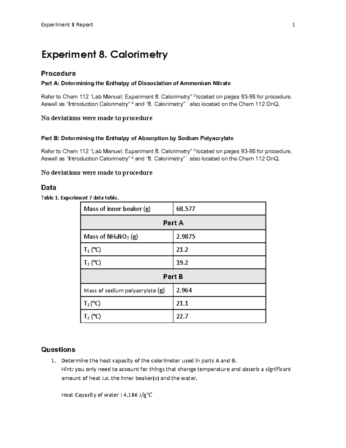 Report Template Calorimetry - Experiment 8. Calorimetry Procedure Part ...