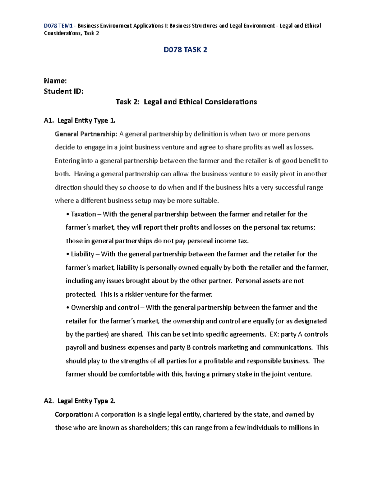 D078 Task 2 - Task 2 submission - D078 TEM1 - Business Environment ...