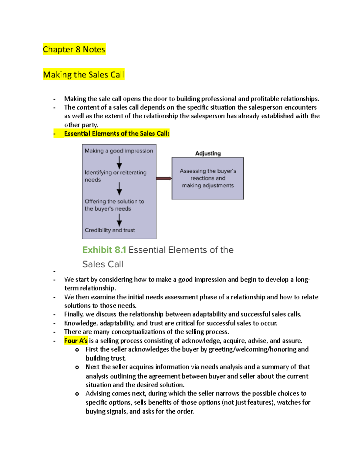 Chapter 8 Notes - Chapter 8 Notes Making the Sales Call - Making the ...