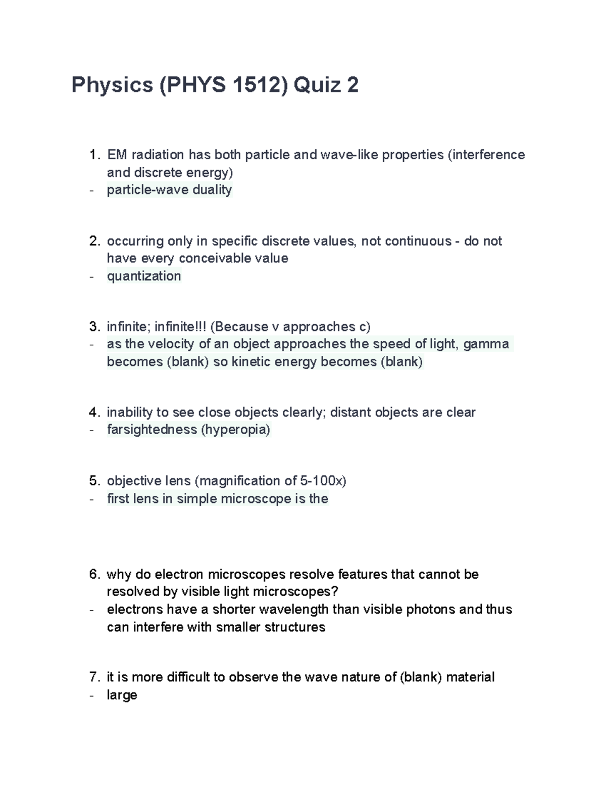 Physics (PHYS 1512) Quiz 2 - Physics (PHYS 1512) Quiz 2 EM radiation ...
