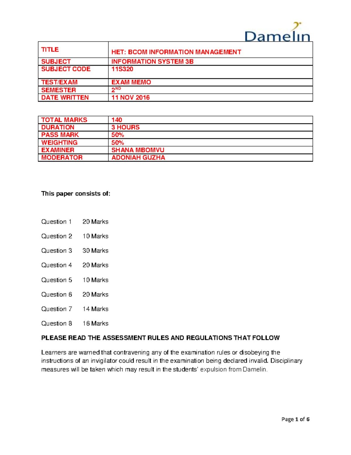 TEST 2018 MEMO AND QUESTIONS - TITLE HET: BCOM INFORMATION MANAGEMENT ...