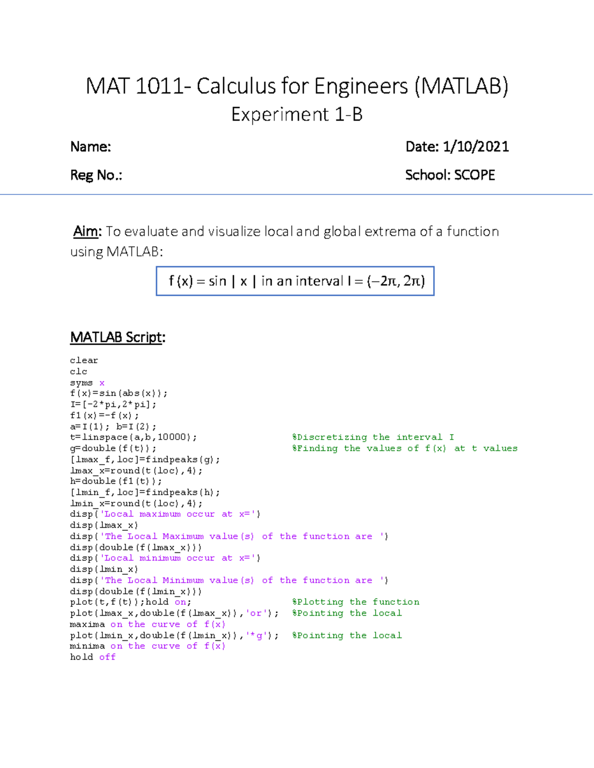 MAT 1011 - poop - MAT 1011 - Calculus Experimentfor Engineers (MATLAB 1 ...