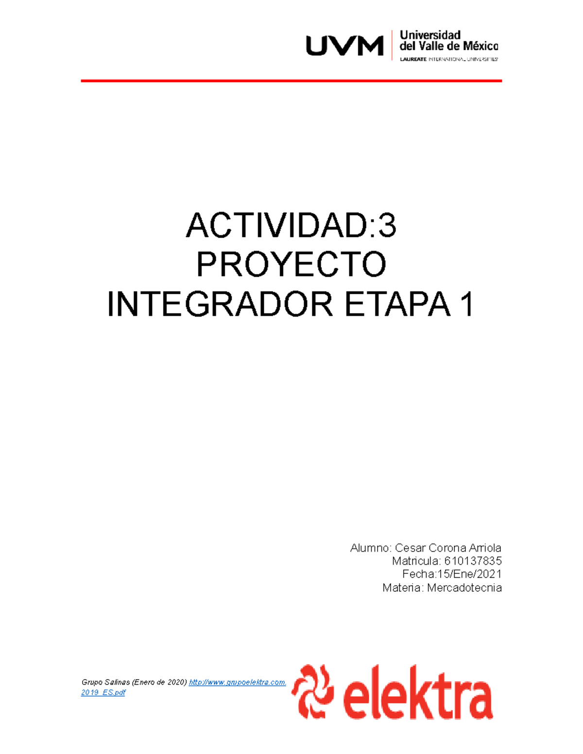 Act 3 proyecto integrador etapa 1 - Mercadotecnia - UVM - Studocu