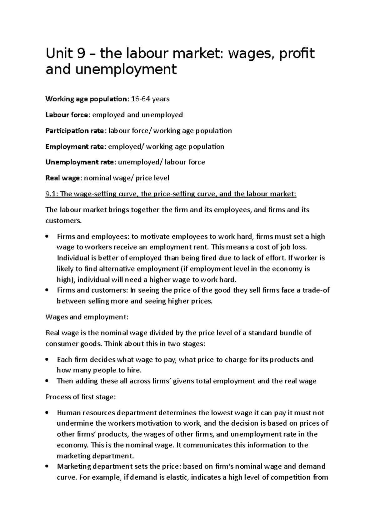 Unit 9 - summary - Unit 9 – the labour market: wages, profit and ...