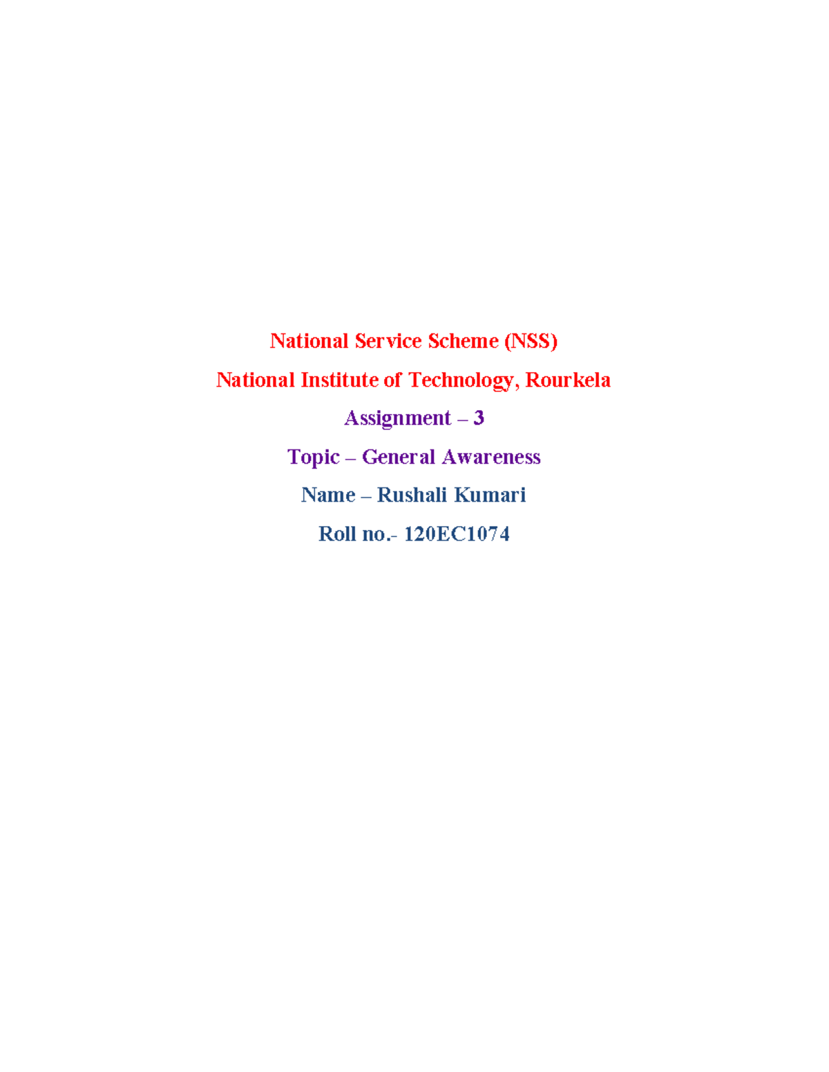 120EC1074 NSS Assignment 3 - National Service Scheme (NSS) National ...