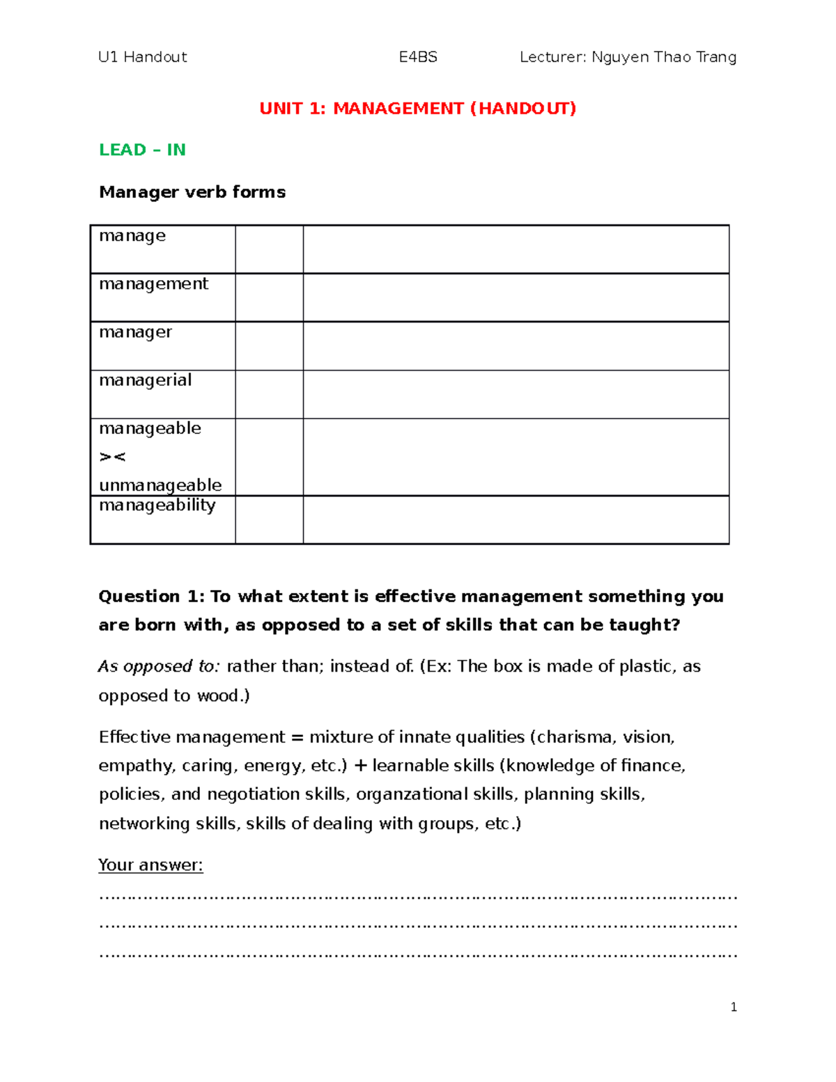 1. U1 Handout - bài tập - UNIT 1: MANAGEMENT (HANDOUT) LEAD – IN ...