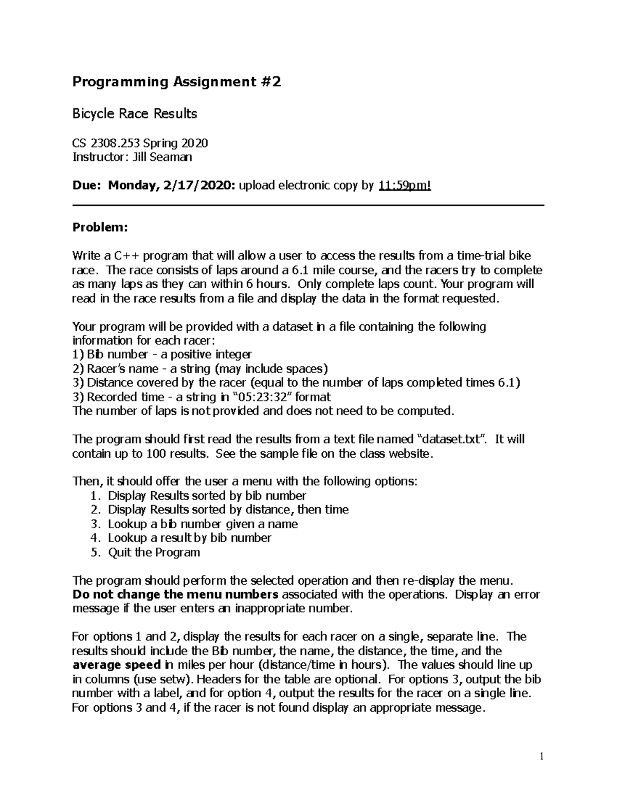 Assign 2 Programming Assignment Bicycle Race Results Cs 2308 Spring