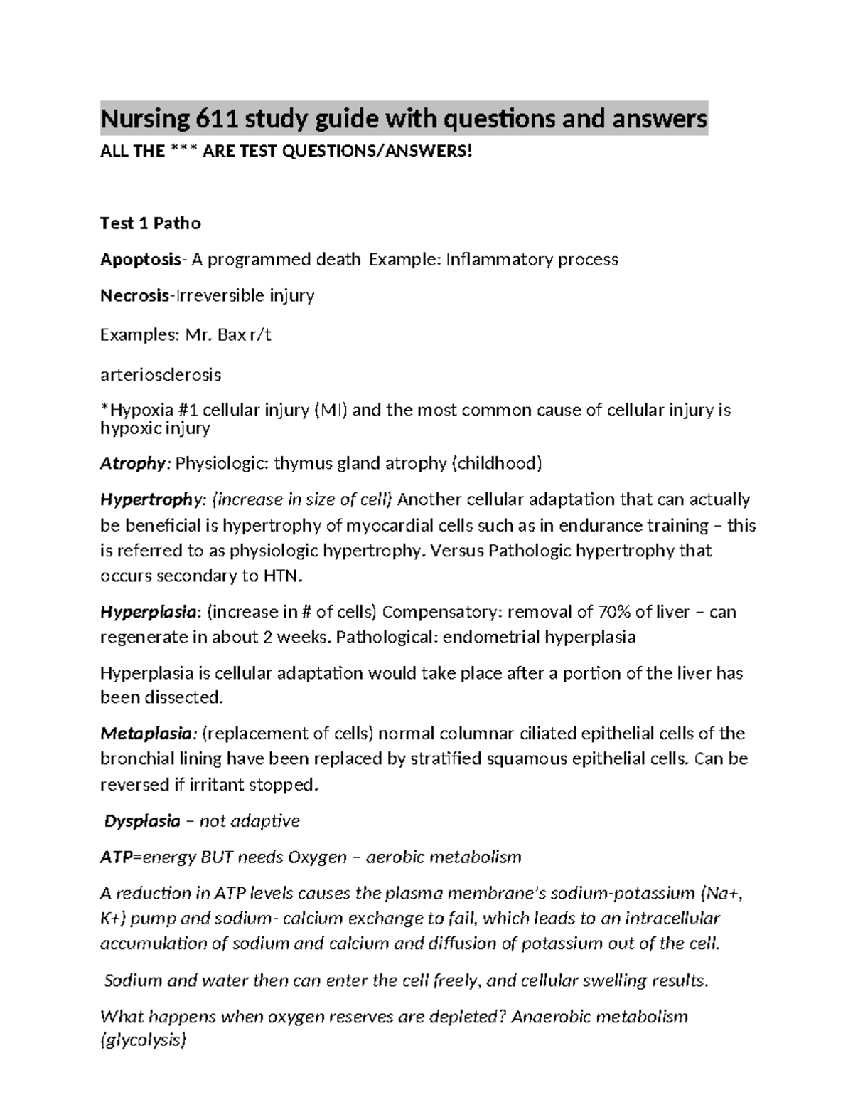 Test 1 Patho - Nursing 611 study guide with questions and answers ALL ...