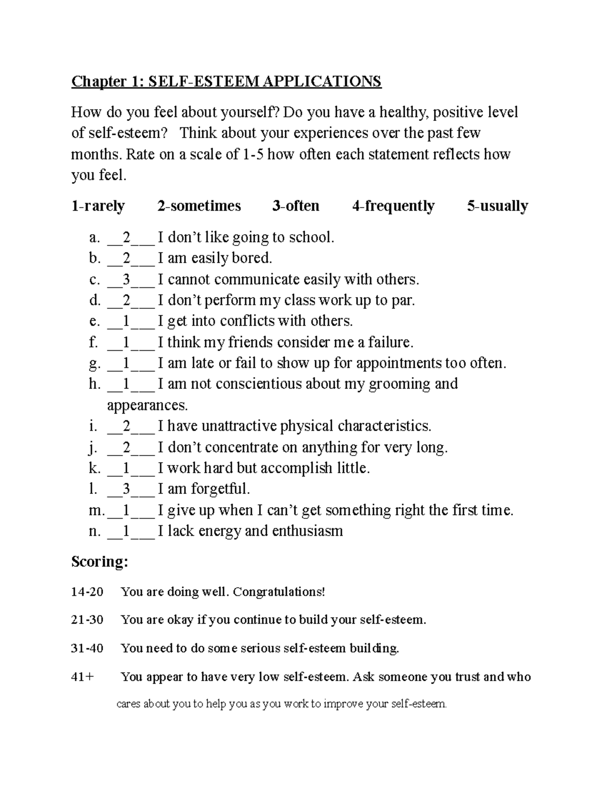 Chp 1 Self-Esteem Exercise - Chapter 1: SELF-ESTEEM APPLICATIONS How do ...