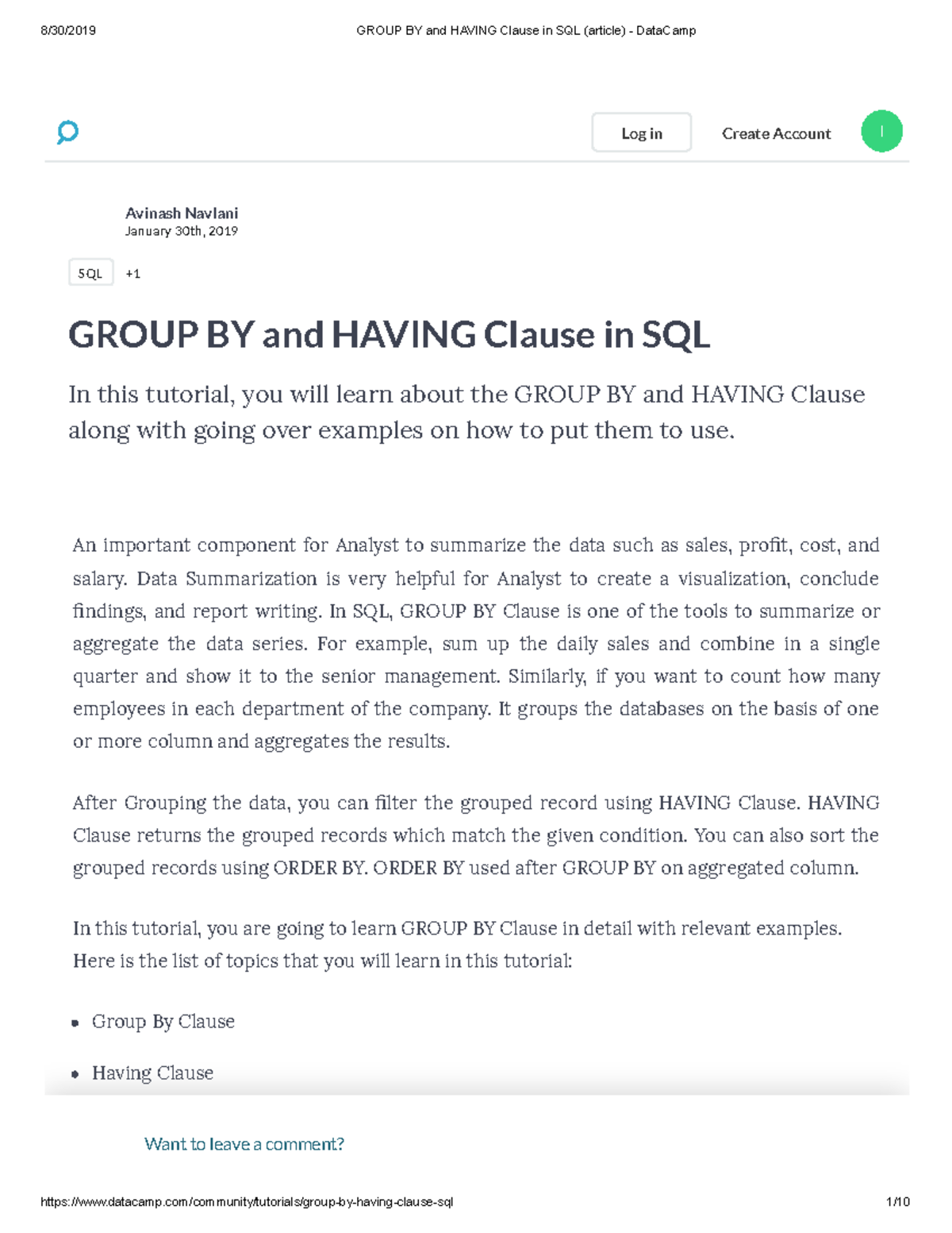 Group BY and Having Clause in SQL (article) - Data Camp - Log in Create Account Avinash Navlani ...
