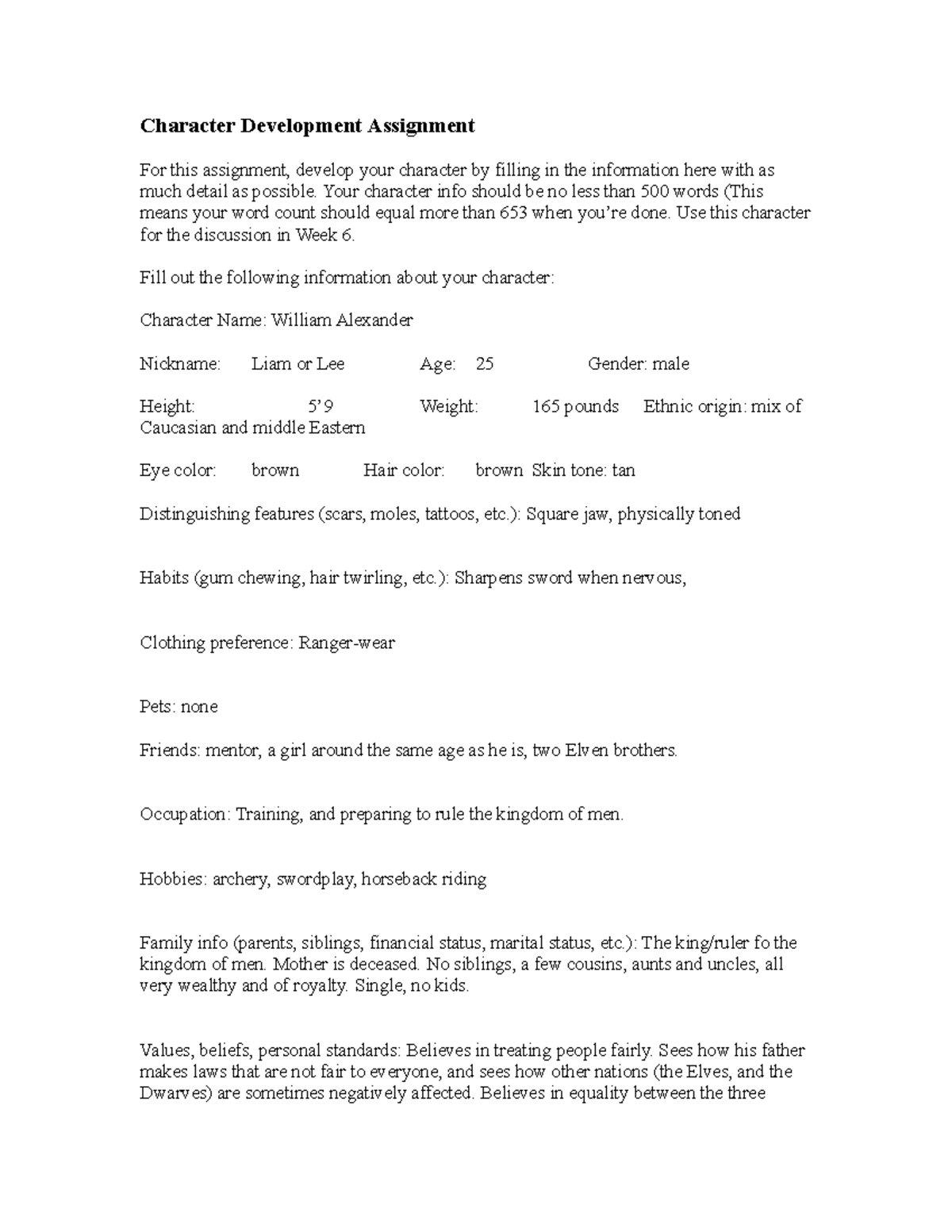 Creative Writing Character Development Assignmentname 1 - Character ...