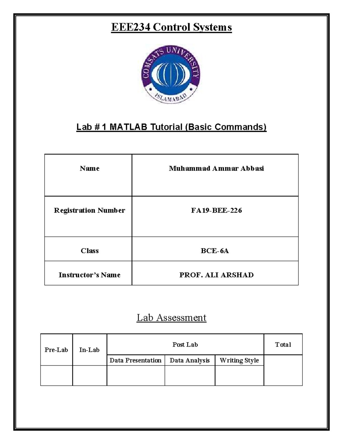 CS LAB 1 - The first lab report for control systems - EEE234 Control Systems Lab # 1 MATLAB ...