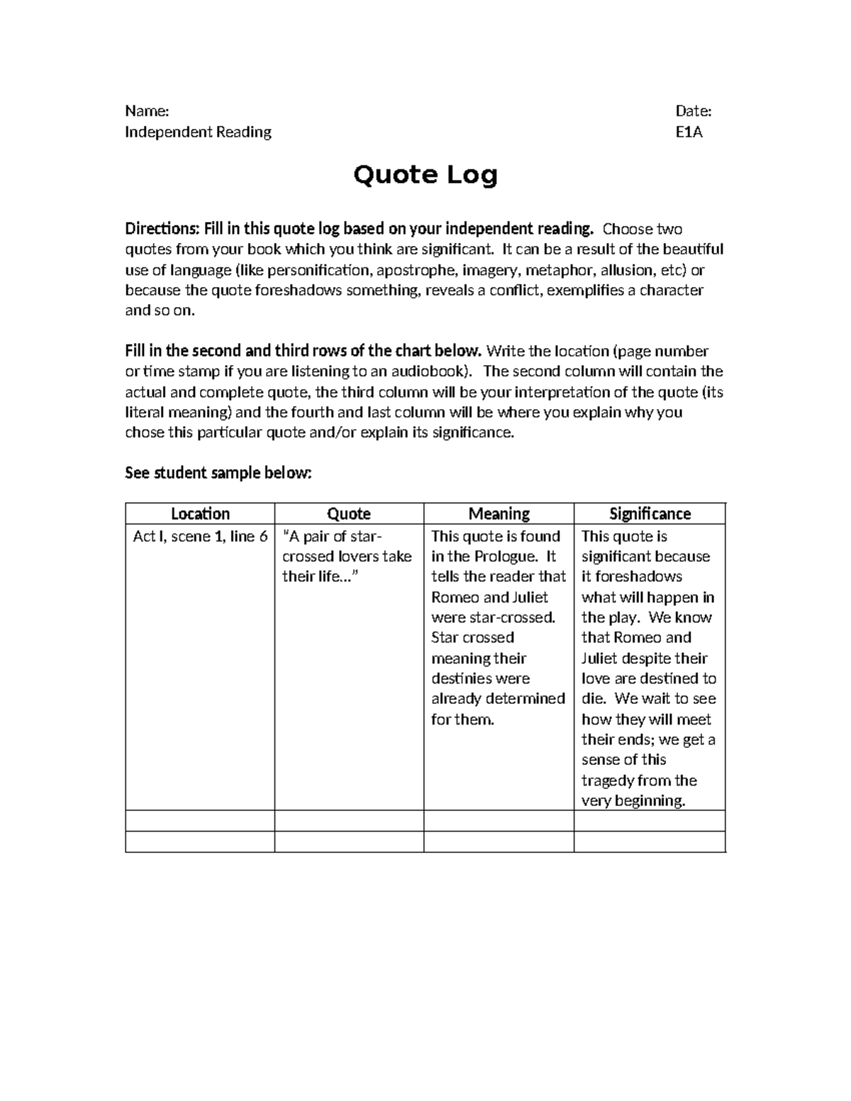 Independent Reading quotelog - Name: Date: Independent Reading E1A ...