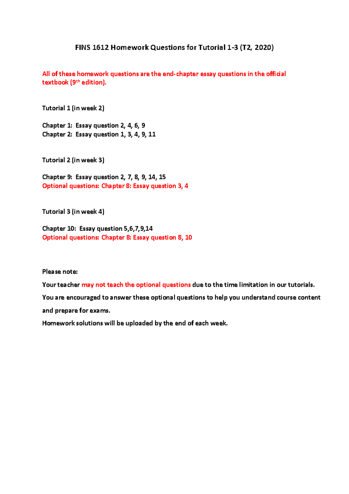 FINS 1612 Homework Questions for Tutorial 1 - 3 - Tutorial 1 (in week 2) Chapter 1: Essay ...