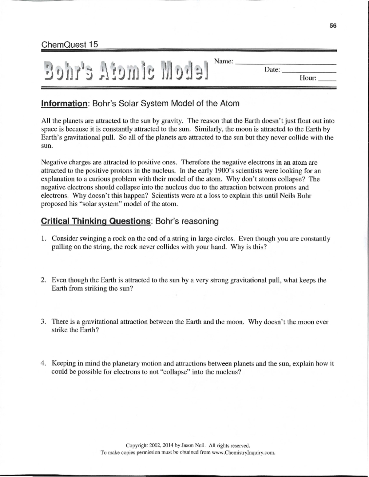 2.5 Bohr Model WS - CHEM 1110 - Studocu