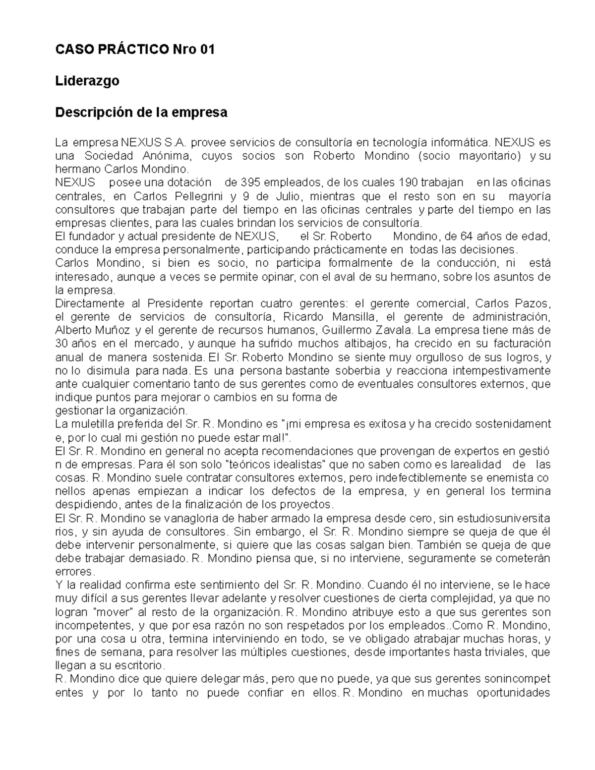 CASO PR%C3%81 Ctico Nro 01 - CASO PRÁCTICO Nro 01 Liderazgo Descripción ...