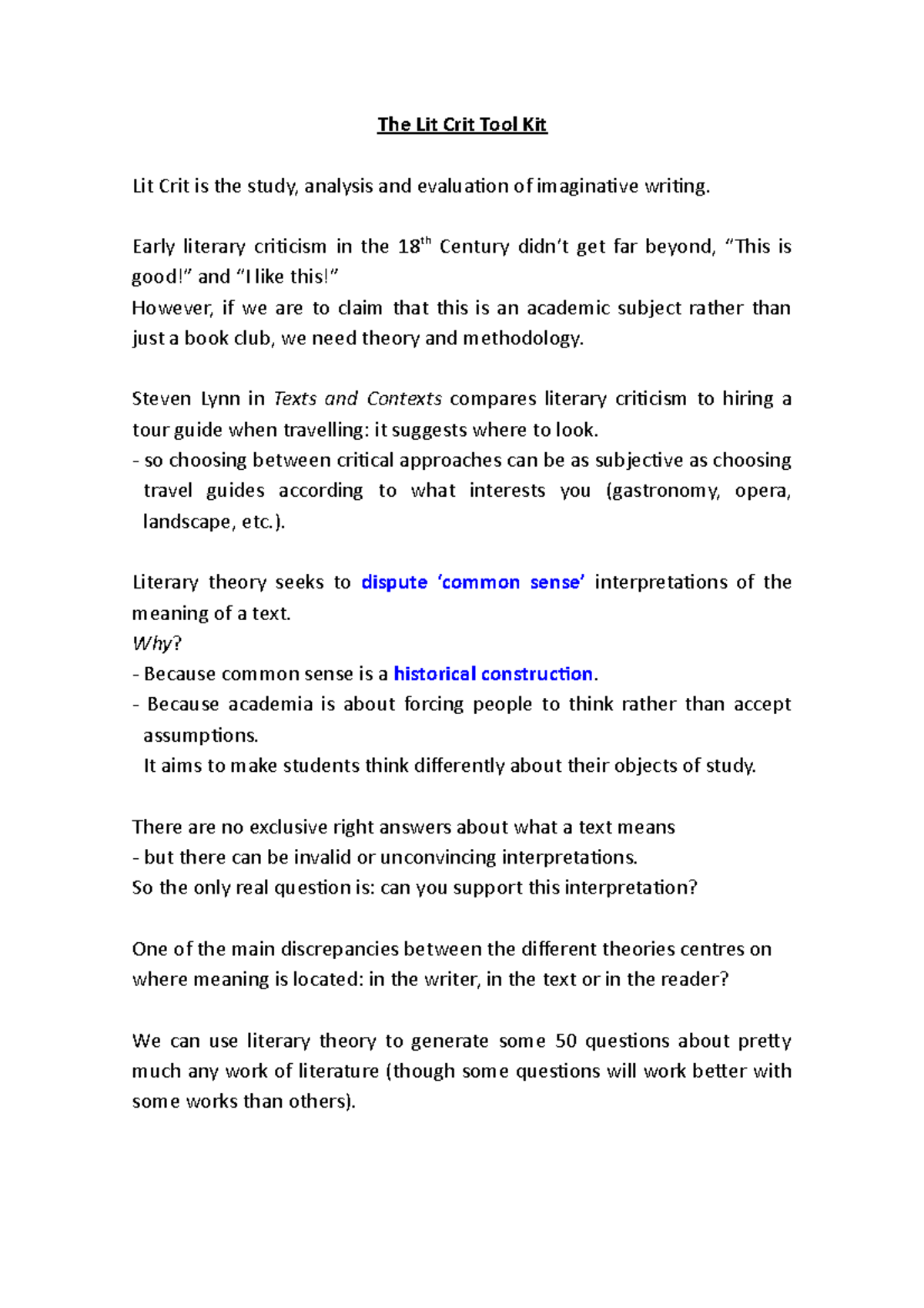 The Lit Crit Tool Kit - Lit Crit Tool Kit lecture notes from Nick ...