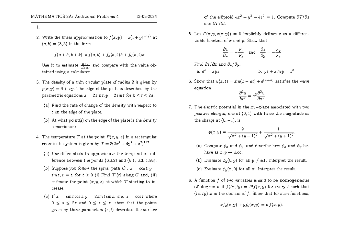 Additional problems 4 2024 - MATHEMATICS 2A: Additional Problems 4 13-03- Write the linear - Studocu