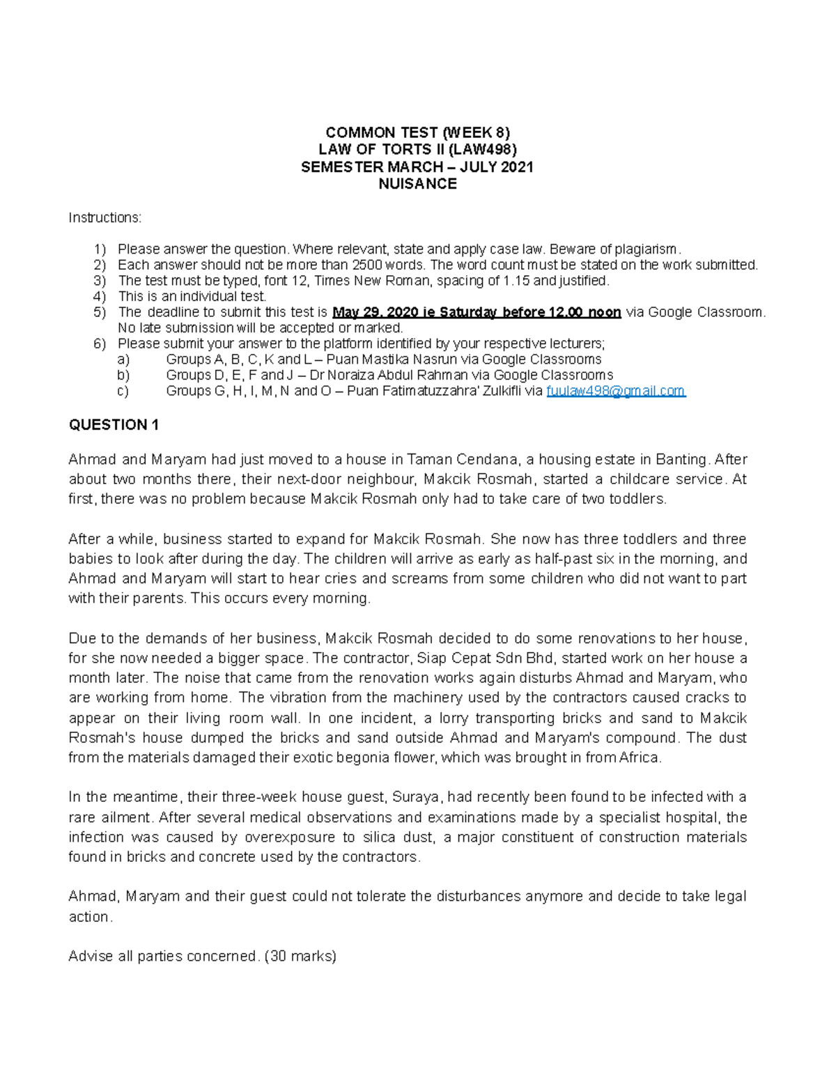 Common TEST LAW OF Torts II - COMMON TEST (WEEK 8) LAW OF TORTS II ...