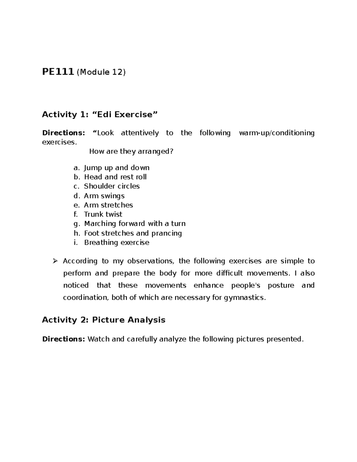 Physical Education 111 Module 12 Activities - PE111 (Module 12 ...