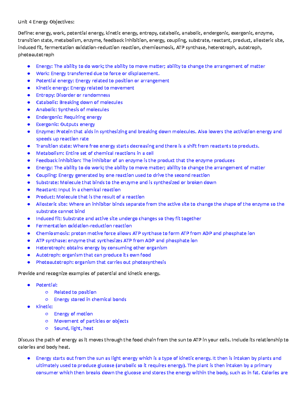 BIOL 191 Unit 4 Study Guide - Unit 4 Energy Objectives: Define: energy ...