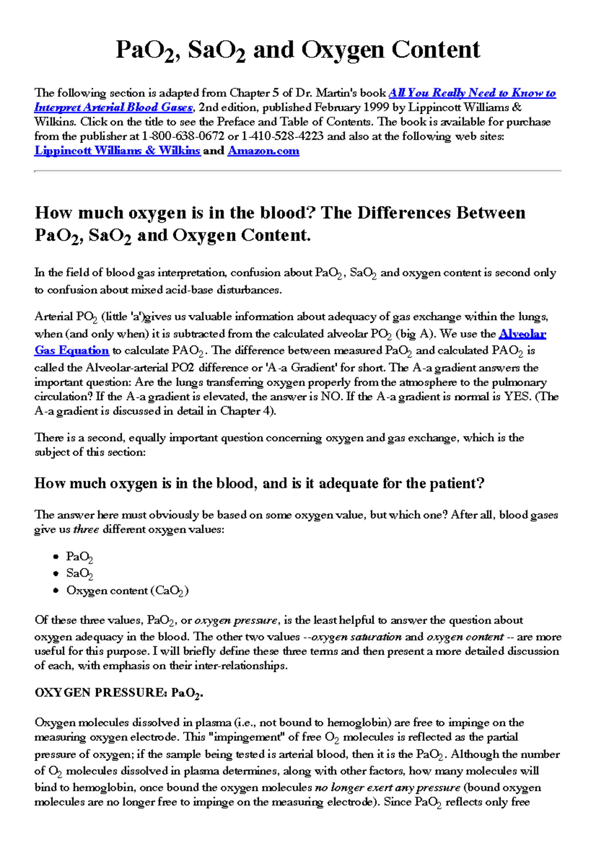ABG and oxygen content - book - PaO 2 , SaO 2 and Oxygen Content The ...