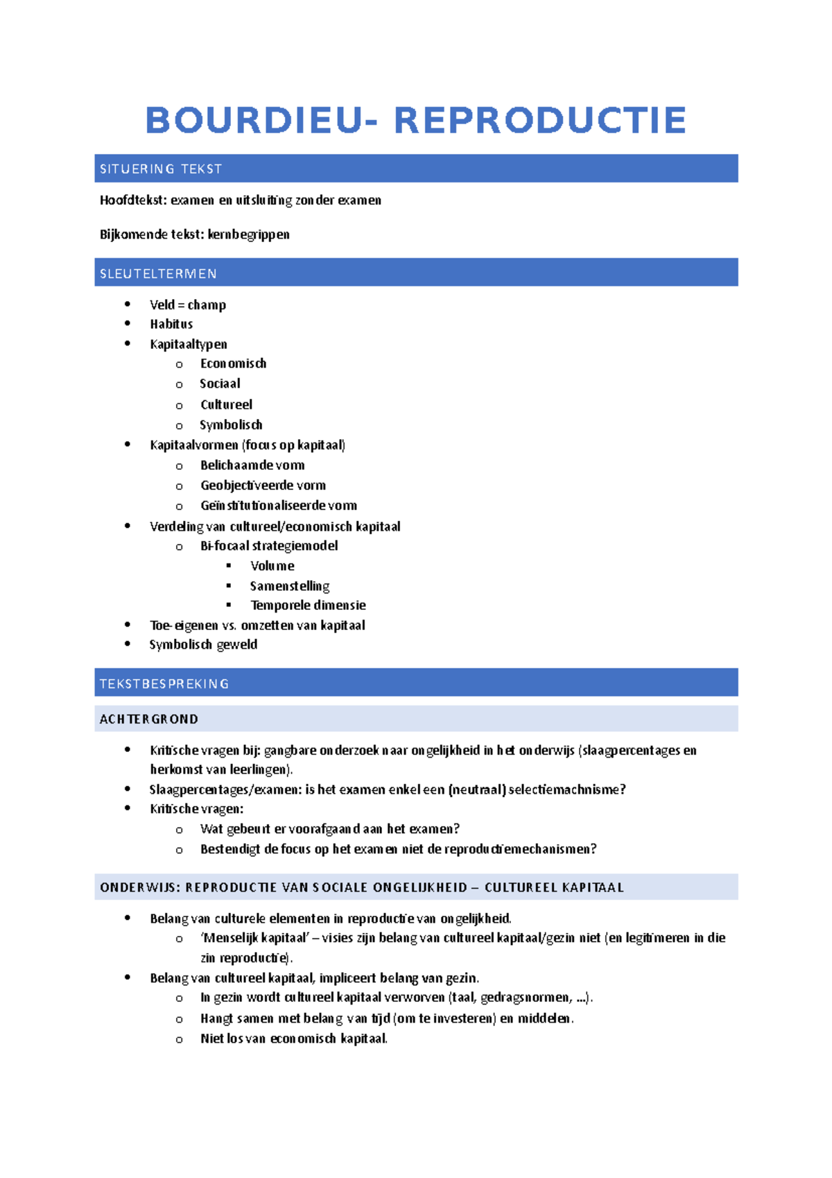 Bourdieu - BOURDIEU- REPRODUCTIE SITUERING TEKST Hoofdtekst: examen en ...