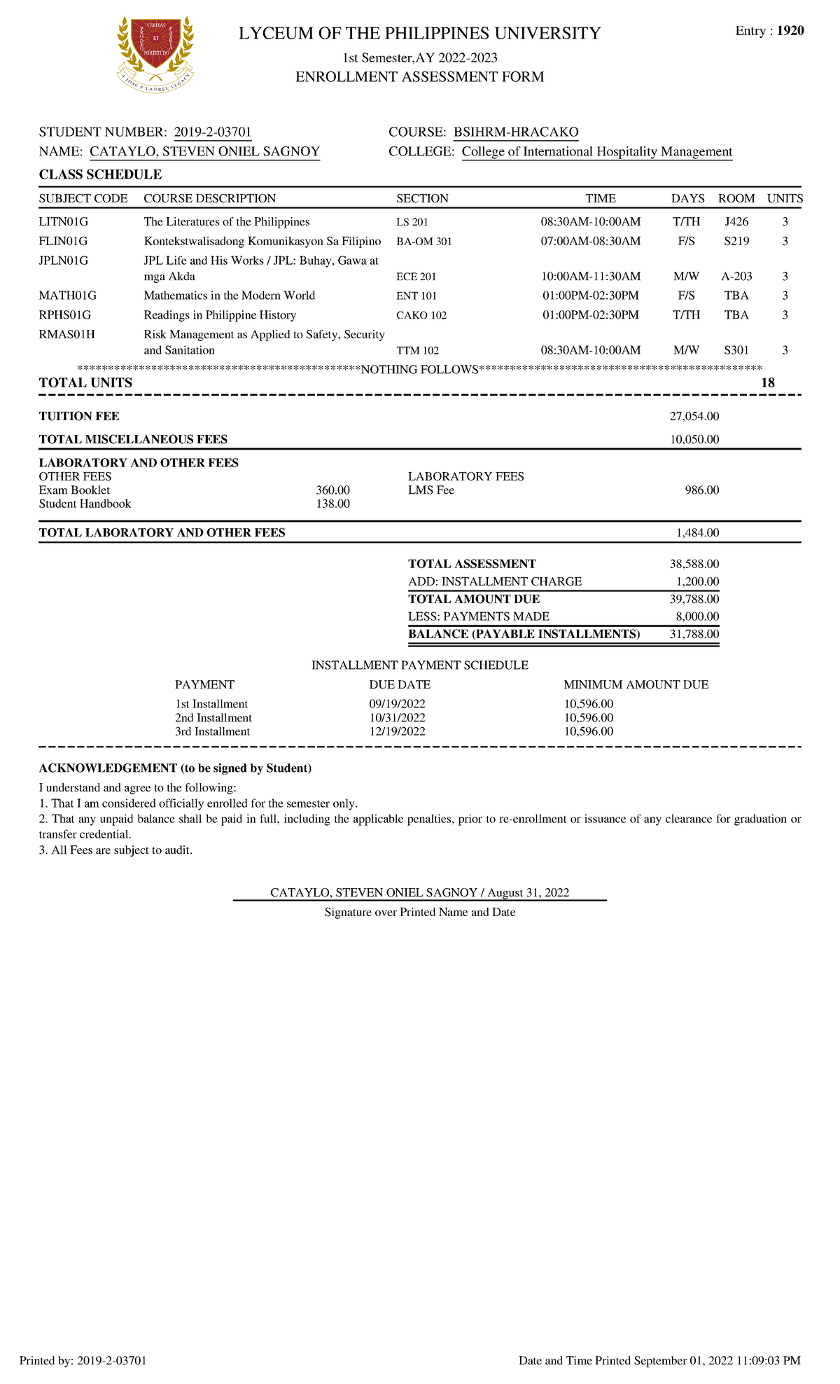 Enrollment assessmentform - LYCEUM OF THE PHILIPPINES UNIVERSITY 1st ...