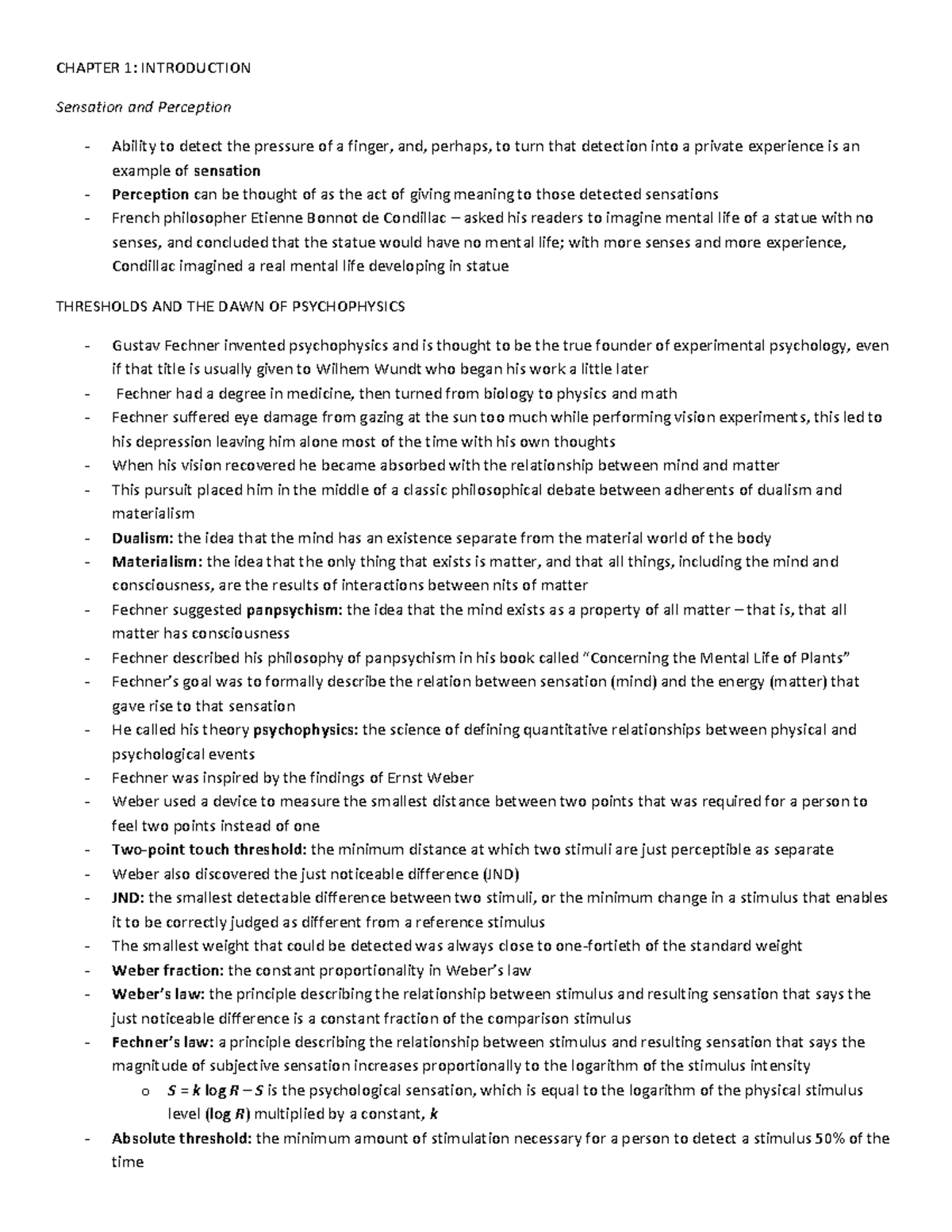 Chp 1-4 - psyb51 - CHAPTER 1: INTRODUCTION Sensation and Perception Ability to detect the ...
