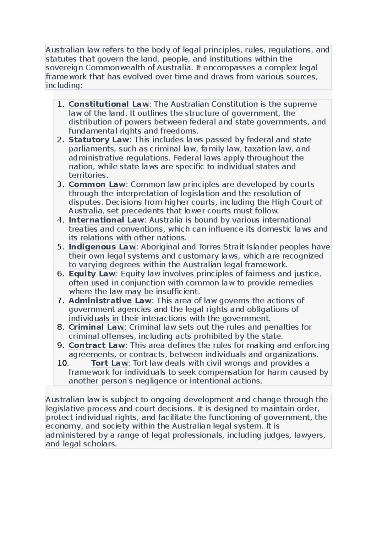 overview of law - Australian law refers to the body of legal principles ...
