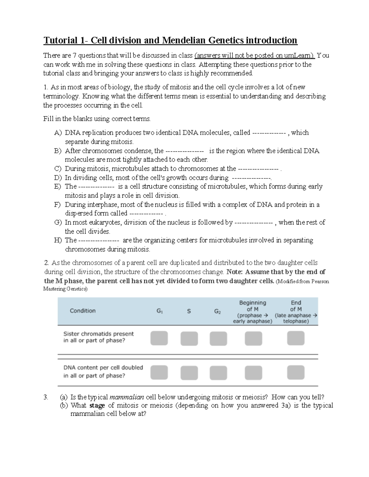 Tutorial 1 F20 - Assignment 1 - Tutorial 1- Cell division and Mendelian Genetics introduction ...