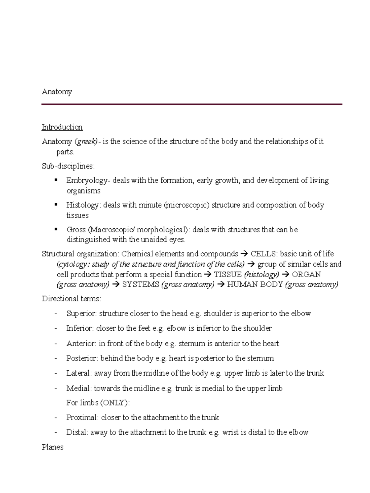 Anatomy Notes - Summary - lecture 1 - 13 - Anatomy Introduction Anatomy ...