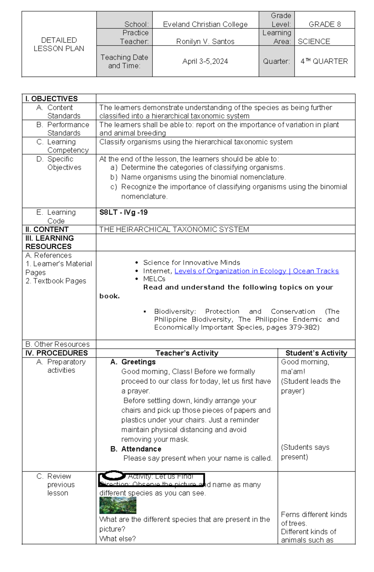 2. Heirarchical Taxonomic Level - I. OBJECTIVES A. Content Standards ...