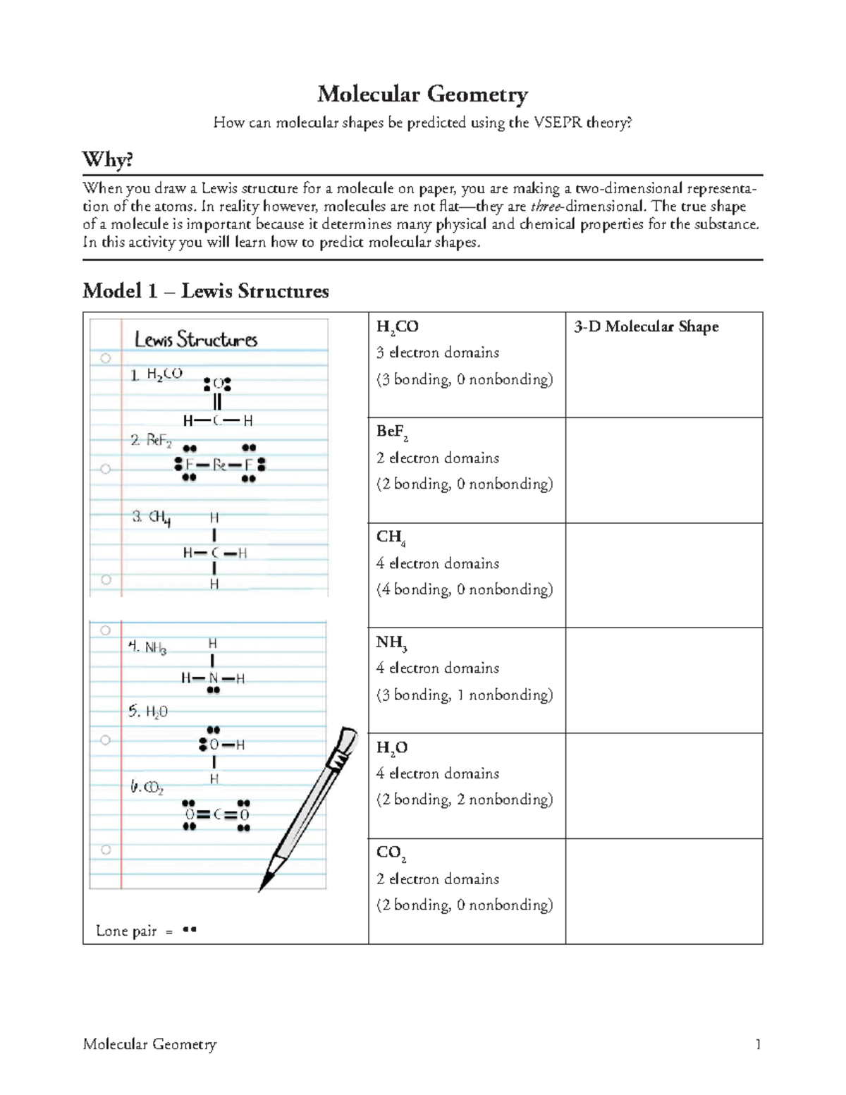 Pogil 20 Molecular Geometry-S - Molecular Geometry 1 Molecular Geometry ...