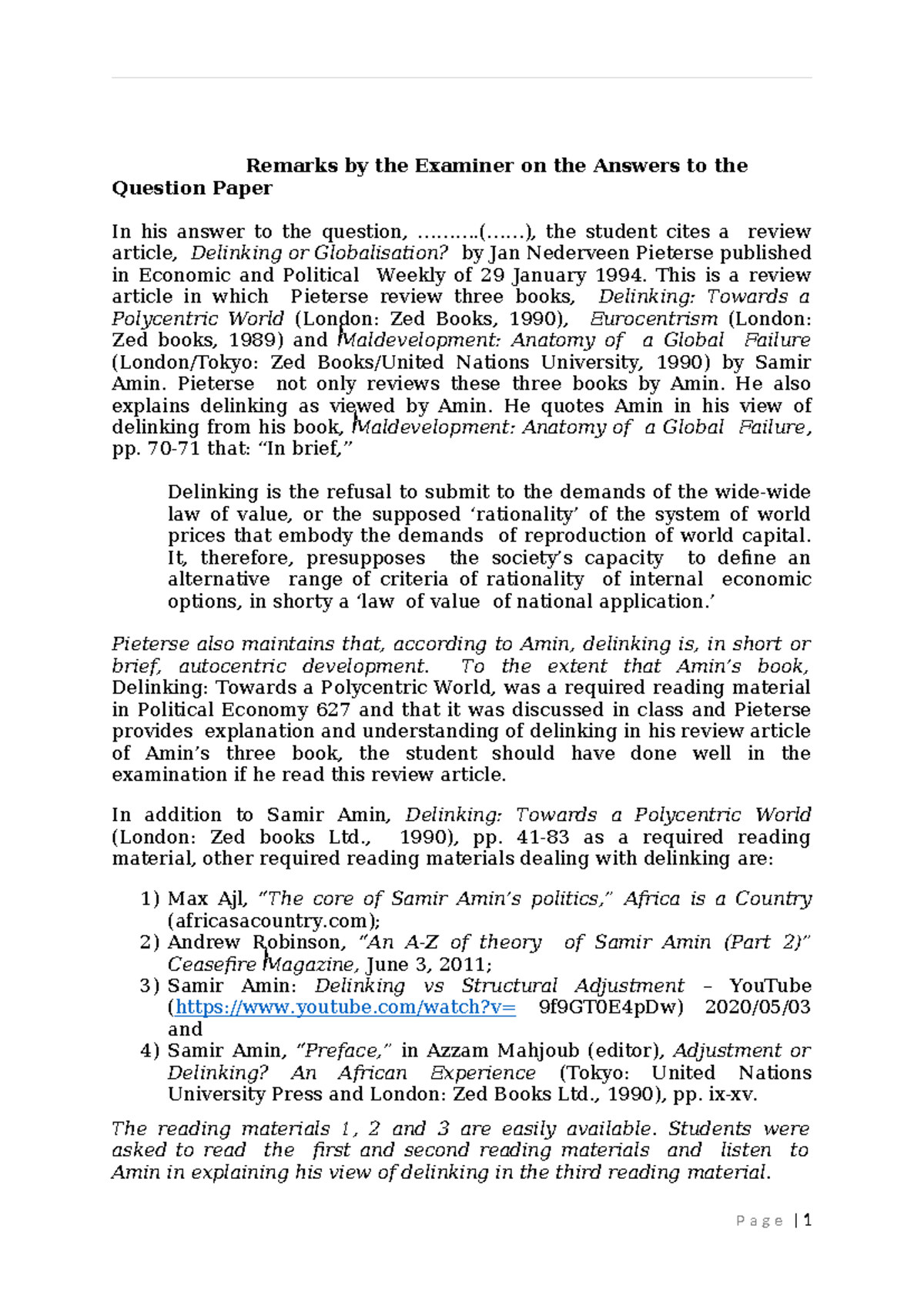 Remarks by Examiner on the Answers to the Question Paper ...