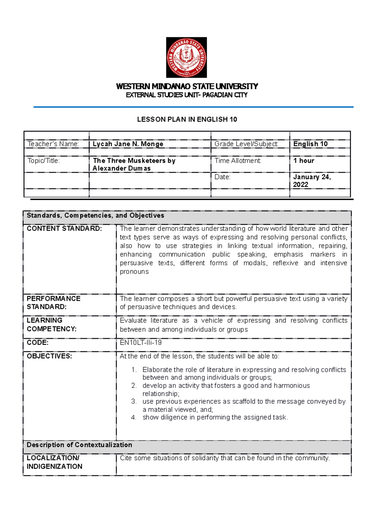 Monge Lesson-PLAN - Lesson plan - WESTERN MINDANAO STATE UNIVERSITY ...