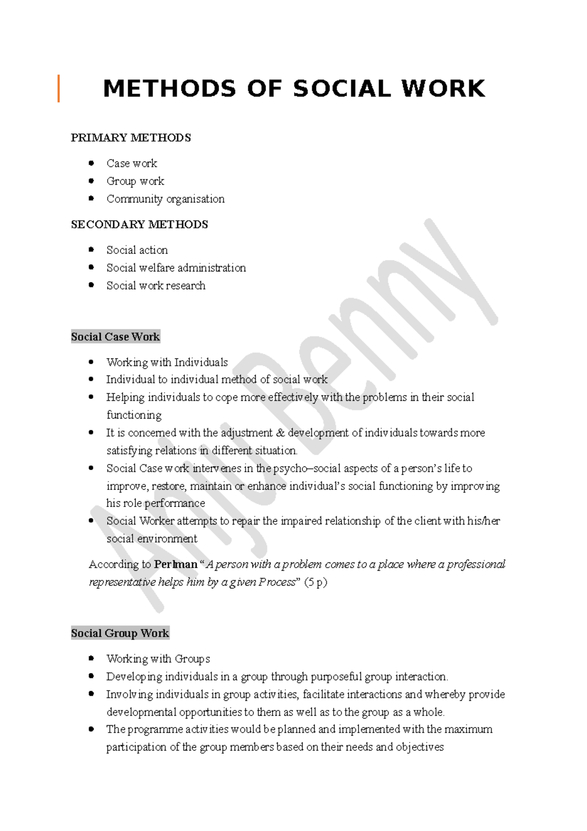 Methods of SW - METHODS OF SOCIAL WORK PRIMARY METHODS Case work Group ...