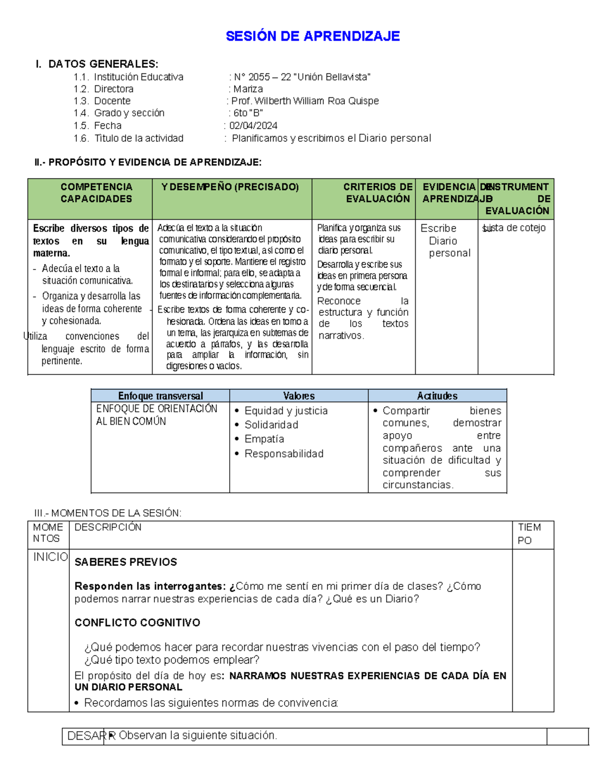 Sesión Aprendizaje U1 N° 1 - Comunicación 02 - 04 - SESIÓN DE APRENDIZAJE I. DATOS GENERALES: 1 ...