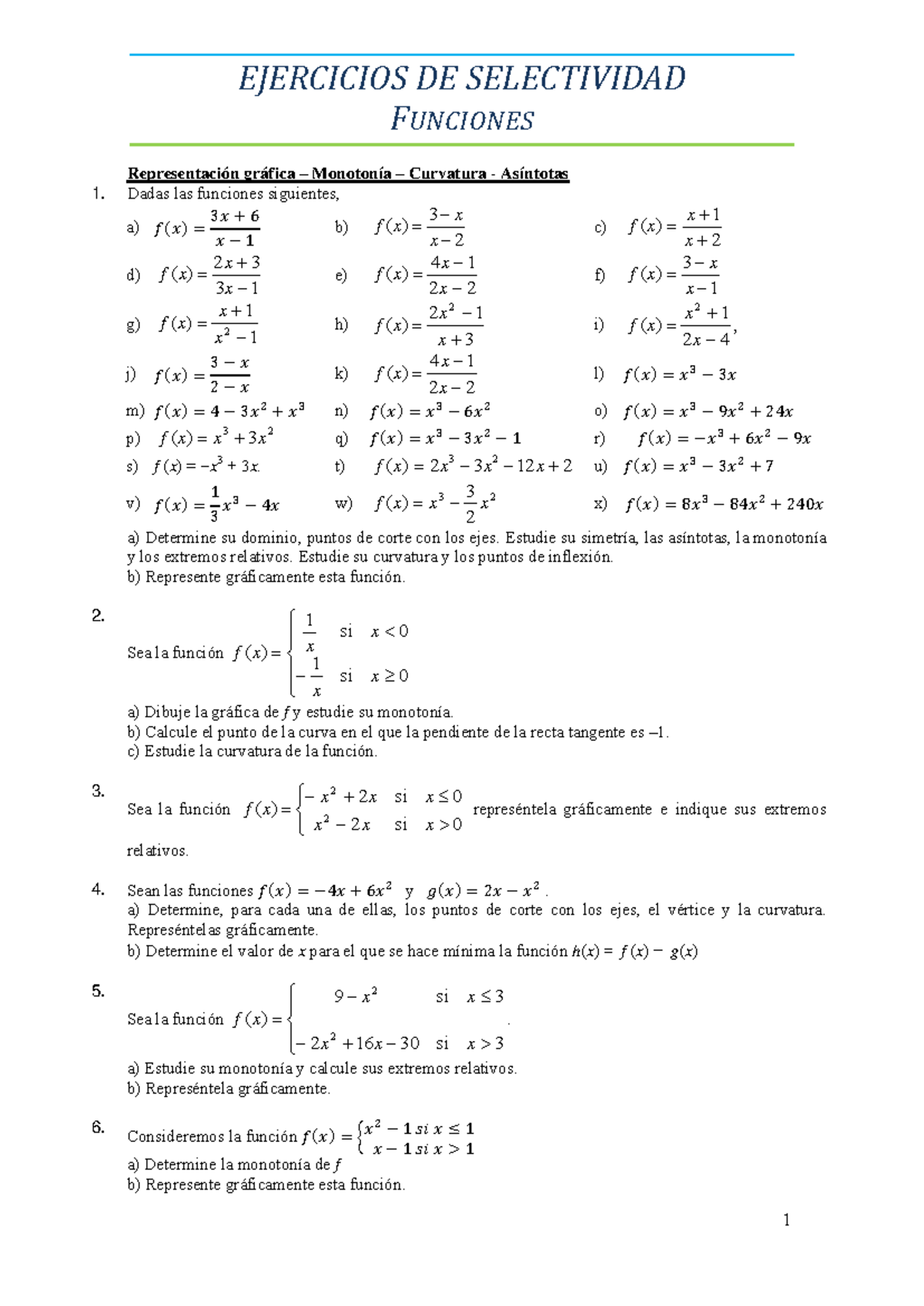 Ejercicios de selectividad funciones - EJERCICIOS DE SELECTIVIDAD F UNCIONES Representación ...