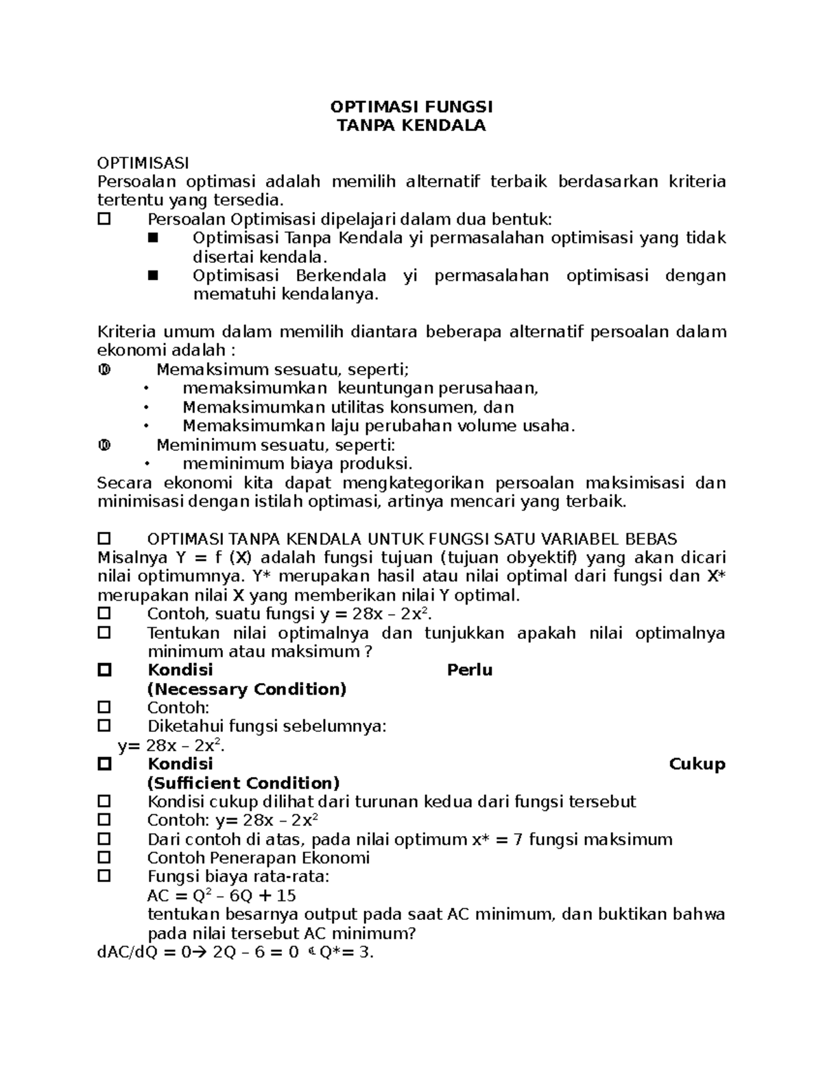 Resume Optimasi Fungsi - OPTIMASI FUNGSI TANPA KENDALA OPTIMISASI ...